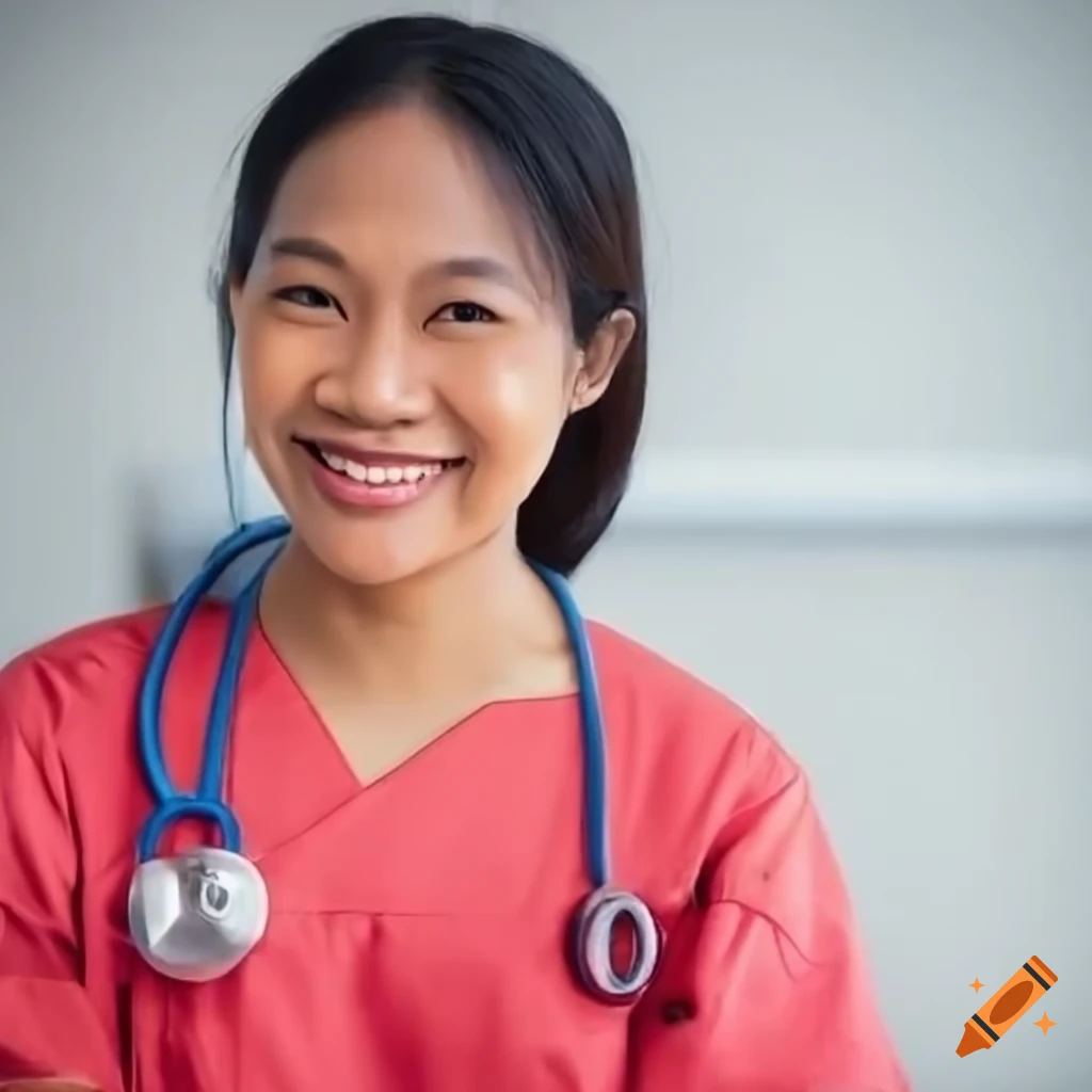 Detailed portrait of a happy filipino nurse in a bright hospital room ...