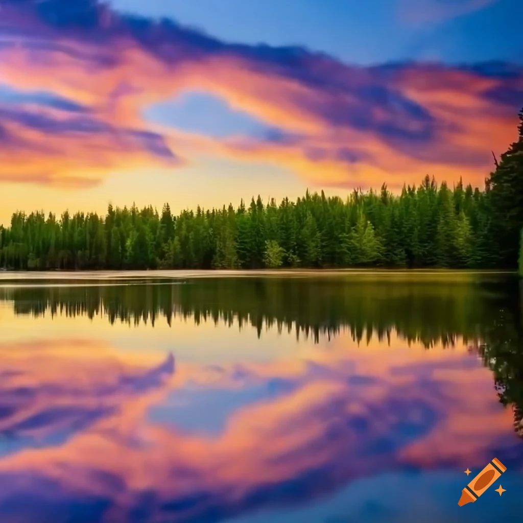Beautiful lake with a mirror looking water in a blue summer sunset with ...