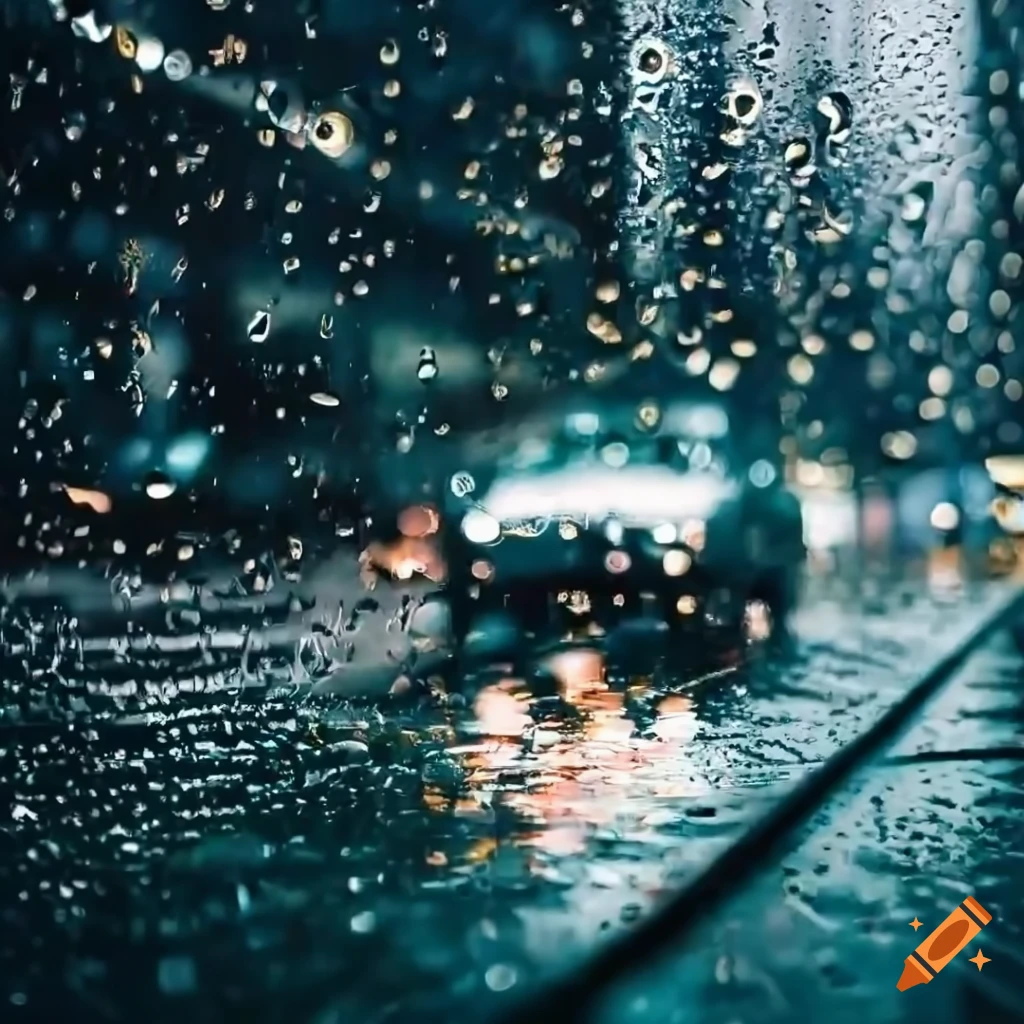 Heavy rain on a city street, car lights