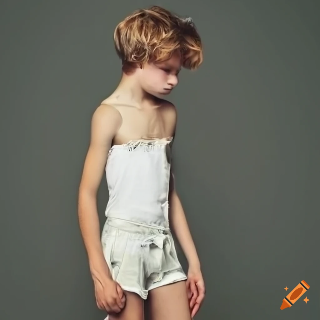 Skinny distressed boy wearing white shorts side view on Craiyon