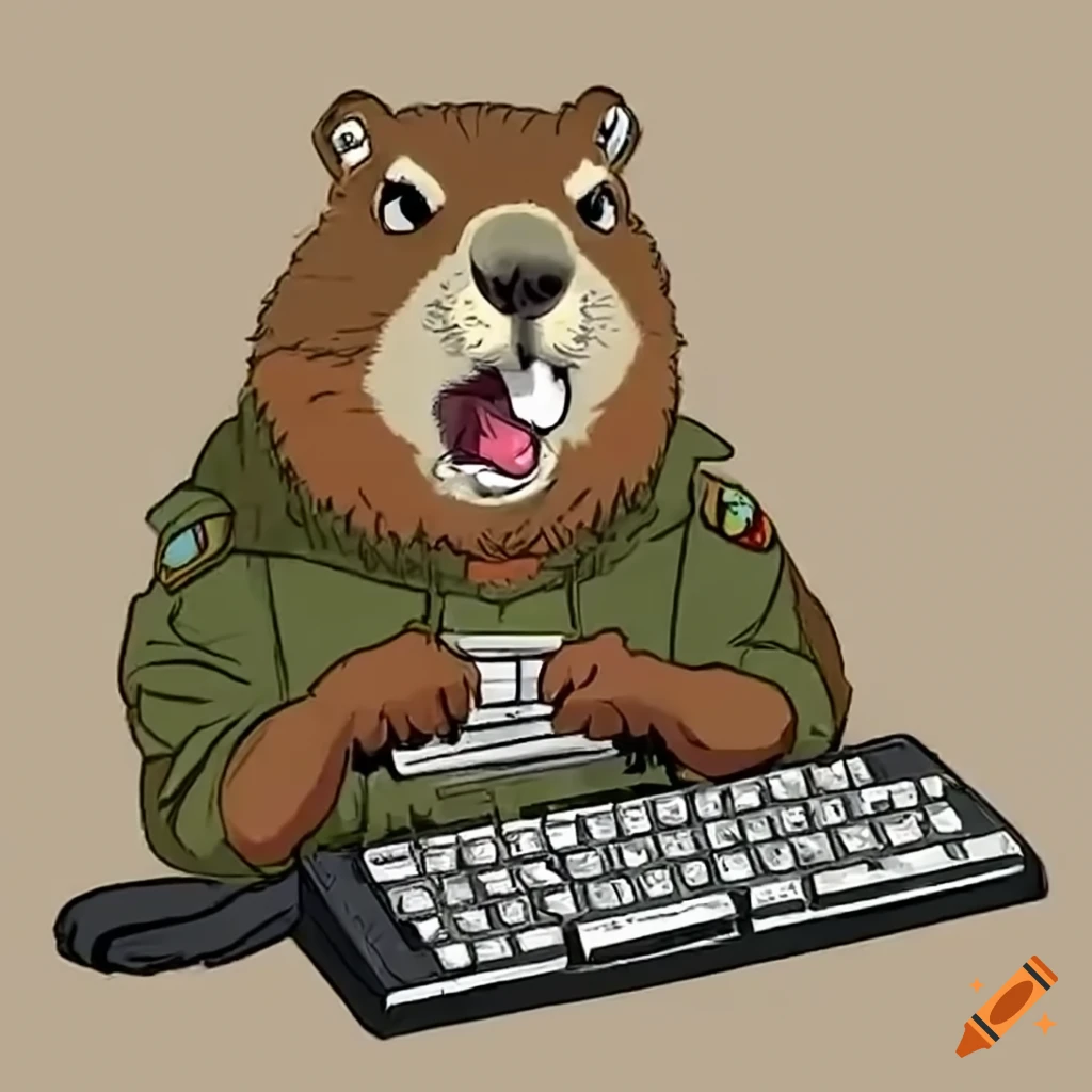 Whistlepig groundhog with a computer keyboard in a military uniform ...