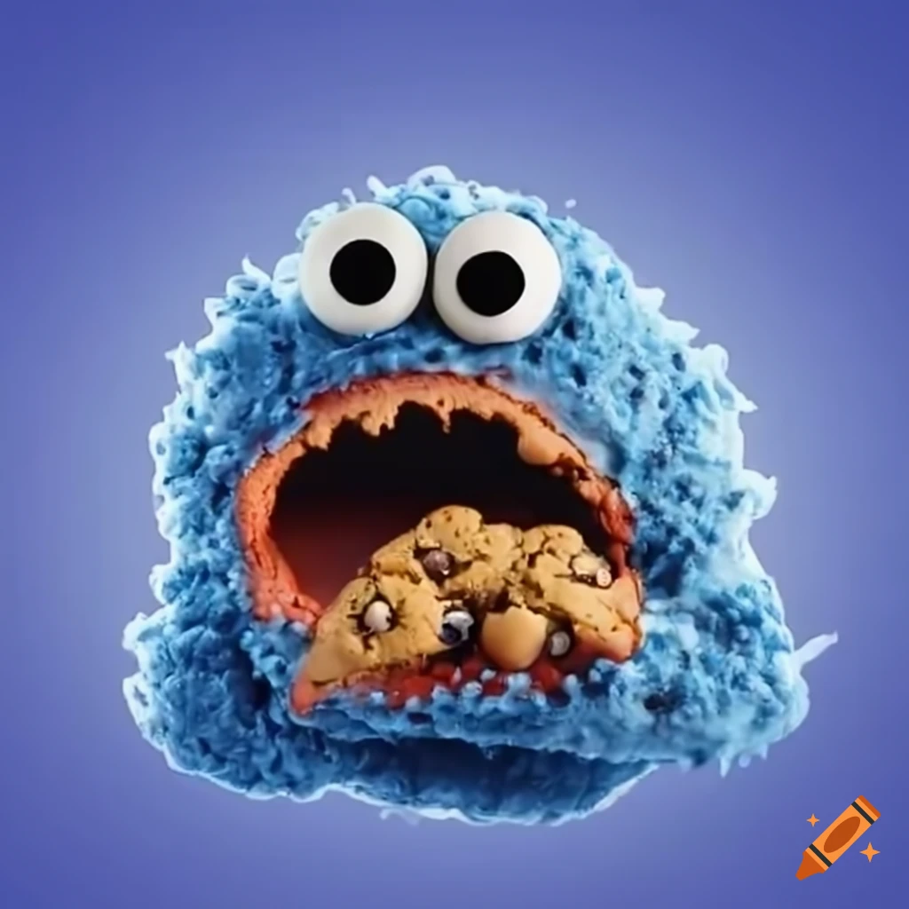 Cookie monster eating a huge cookie with cookie crumbs everywhere