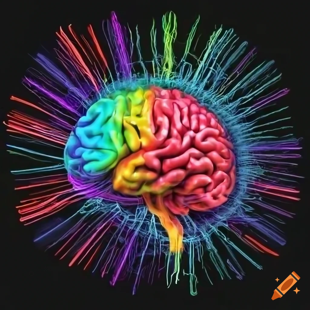 Black background with a multicoloured brain with many threads coming ...