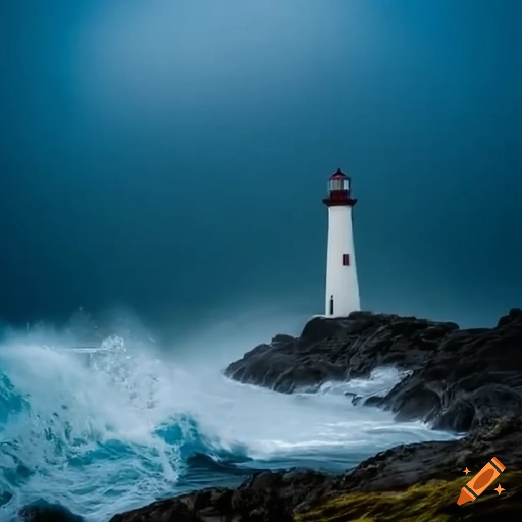 Big waves washing the lighthouse on Craiyon