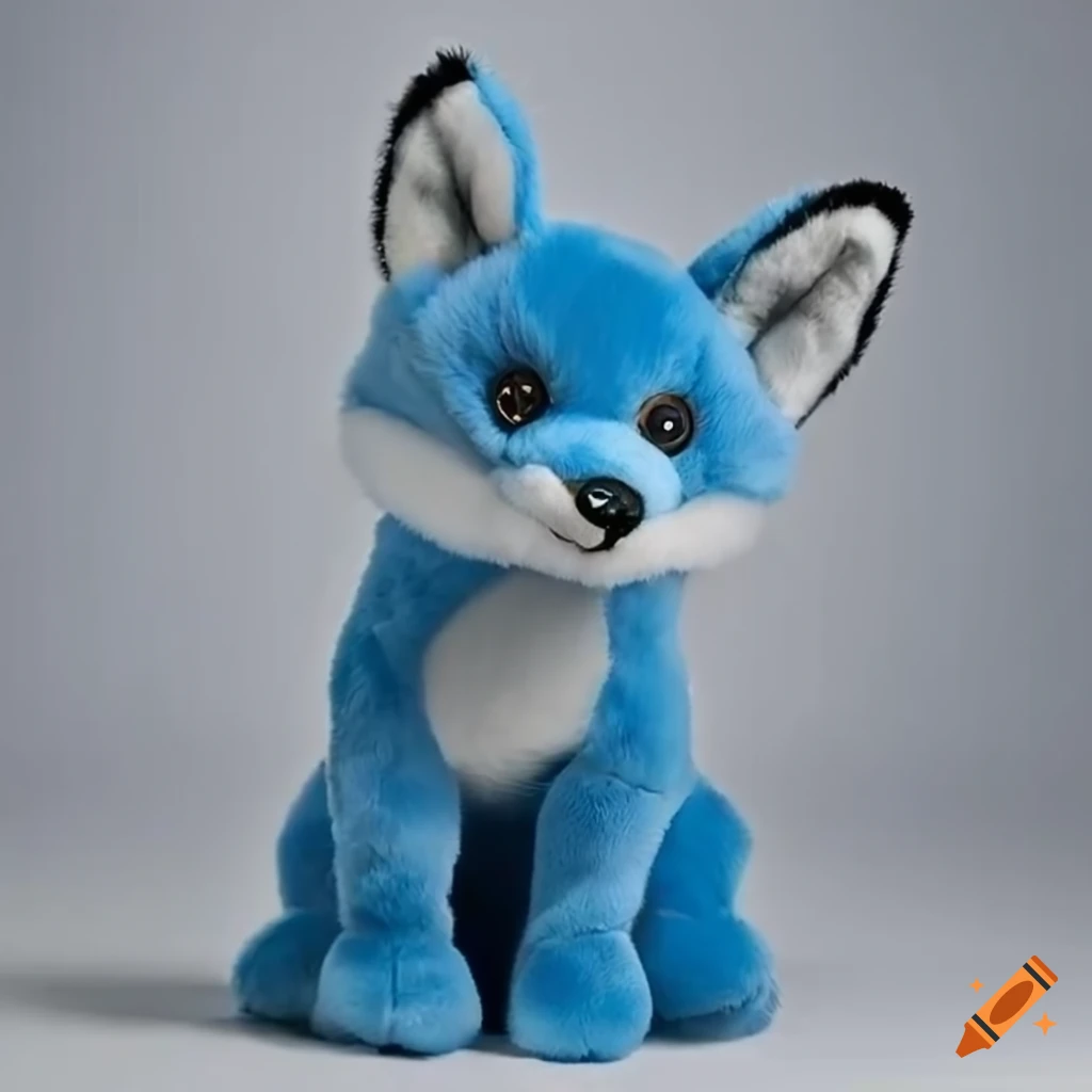 Blue plush fox toy sitting with a cute smile