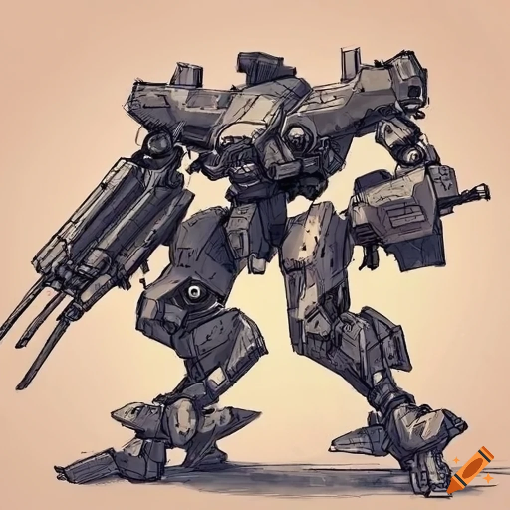 Highly detailed sketch of an armored core robot firing weaponry