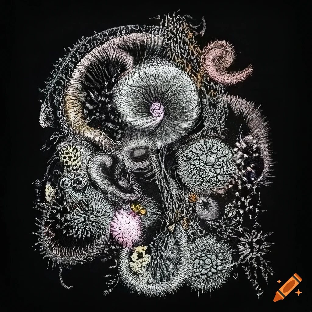 Biopunk map of flowers on embroidery Black and white cutaway drawing ...
