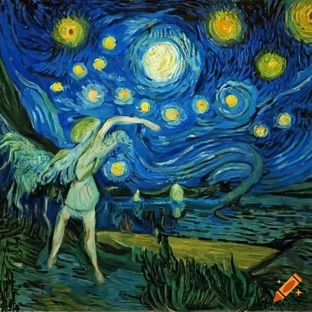 Vincent van gogh painting of fairies dancing in a moonlit, starry ...