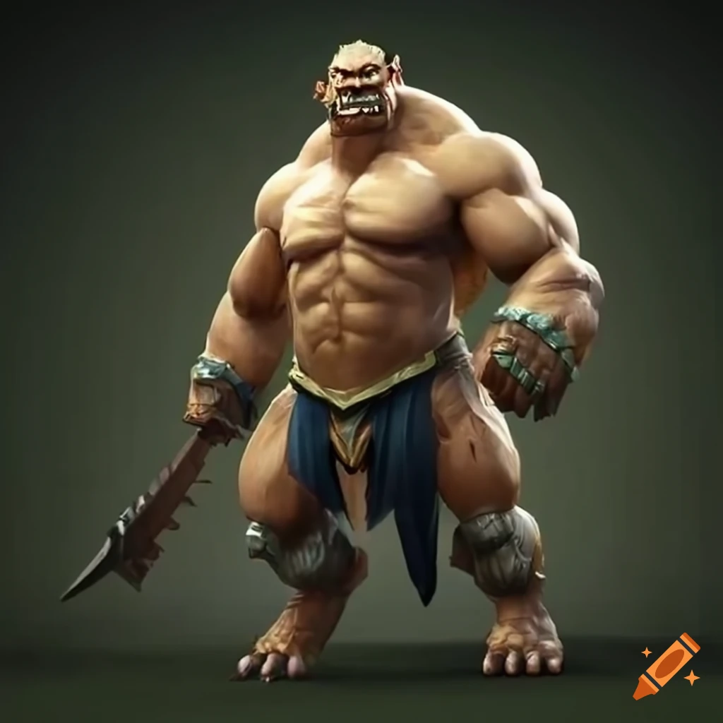 Tall ogre, 4 arms, muscular, in front of a cave next to a waterfall ...