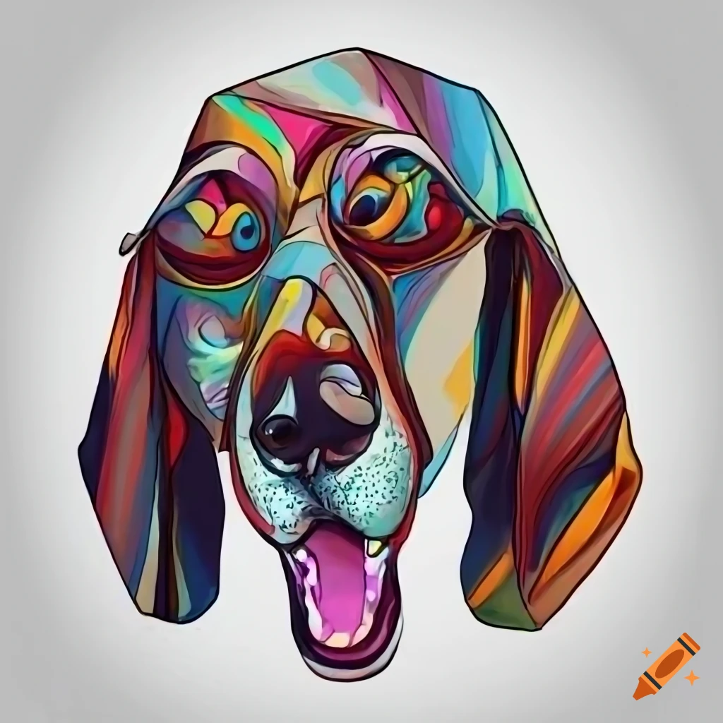 Abstract picasso-style dog peeking from behind, white background