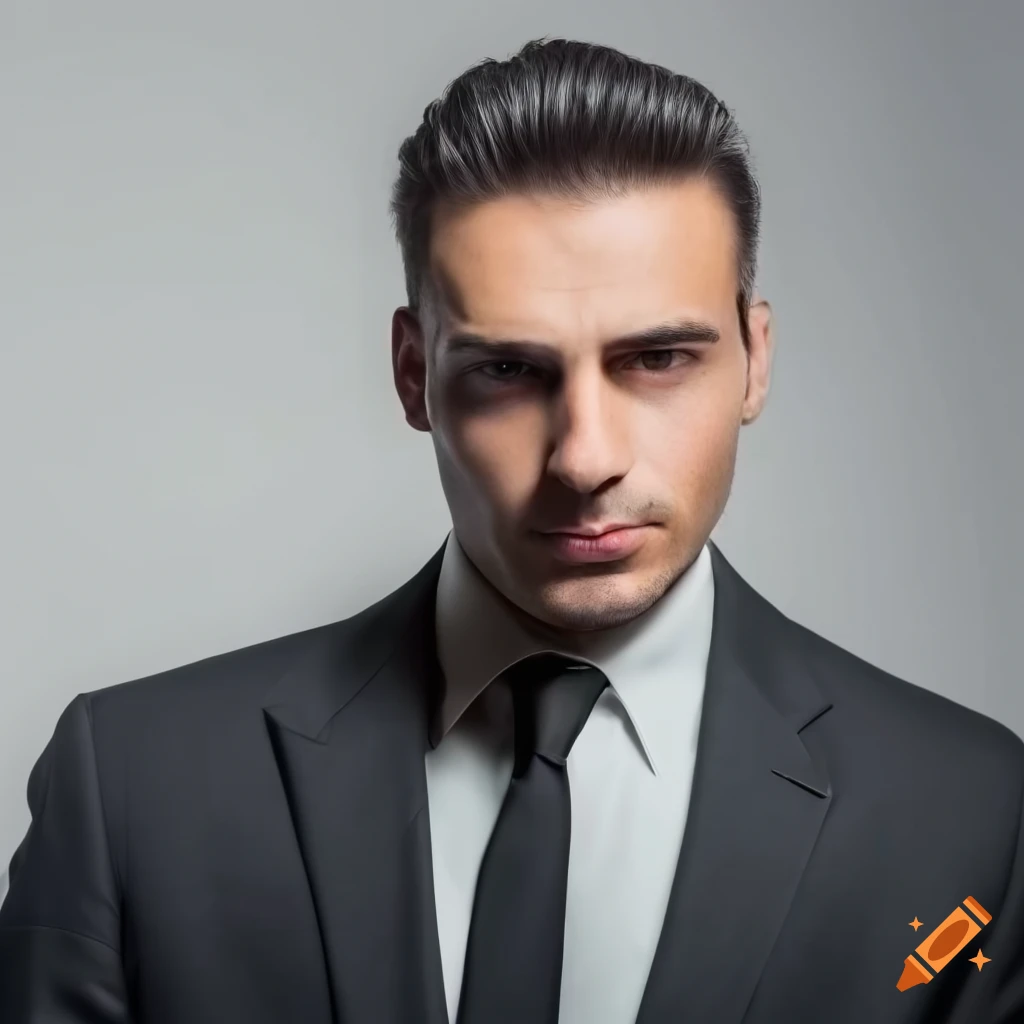 Attractive charming italian man with broad shoulders in a dark suit in ...