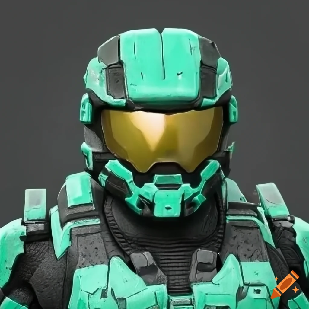 Halo armor painted black and mint green. helmet has a visor on Craiyon