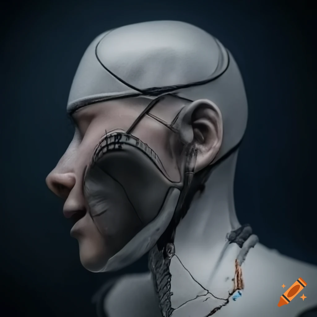 Close up of a face half human half robot. one eye artificial and other ...