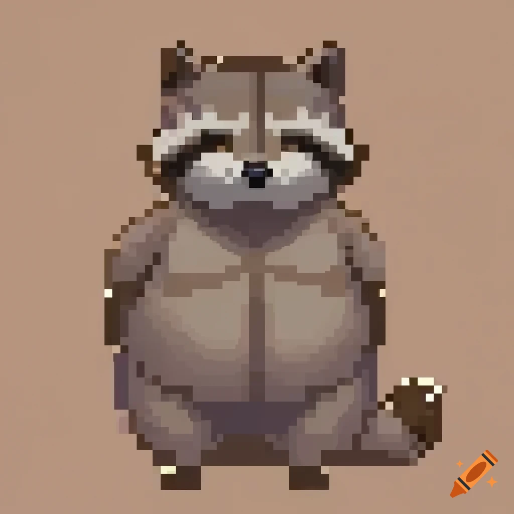 Fat anthropomorphic raccoon standing upright brown fur pixelart on Craiyon