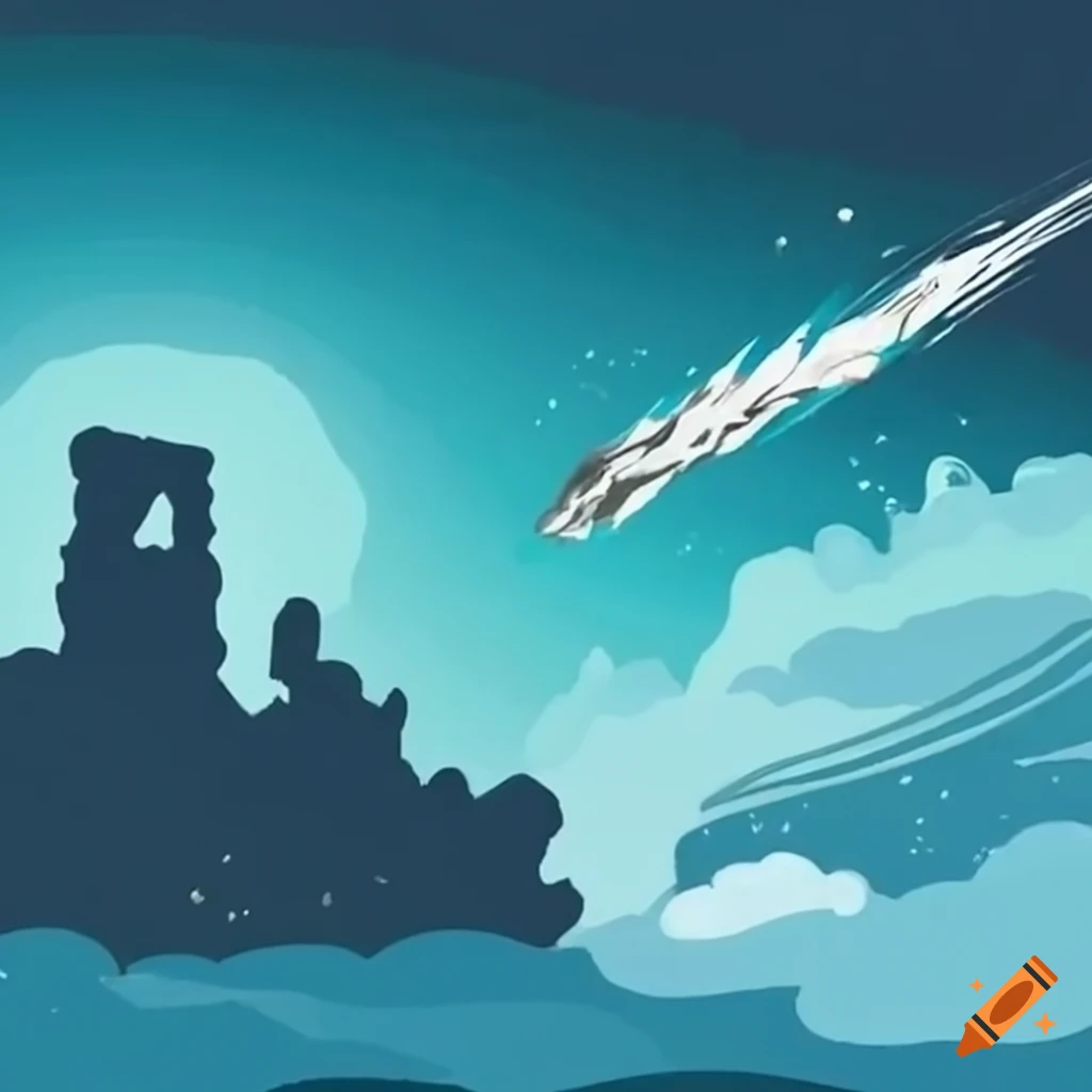Meteor crashing into crumbling ruins floating in the sky between clouds