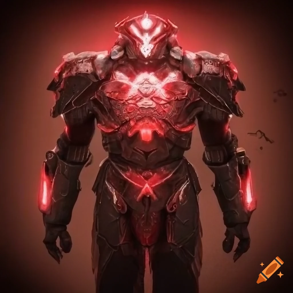An arcane power armor with intricate sharp details and glowing red ...