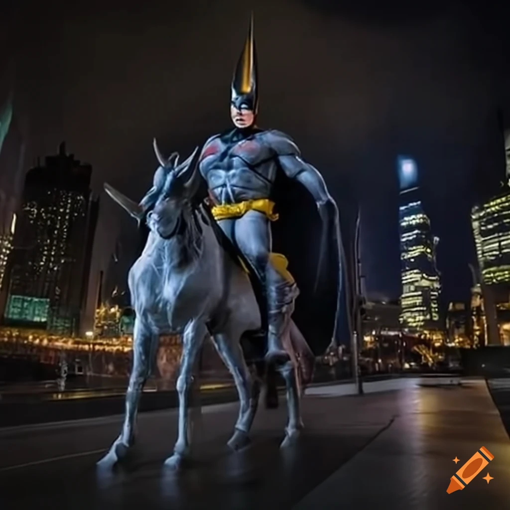 Batman riding a majestic unicorn through gotham city