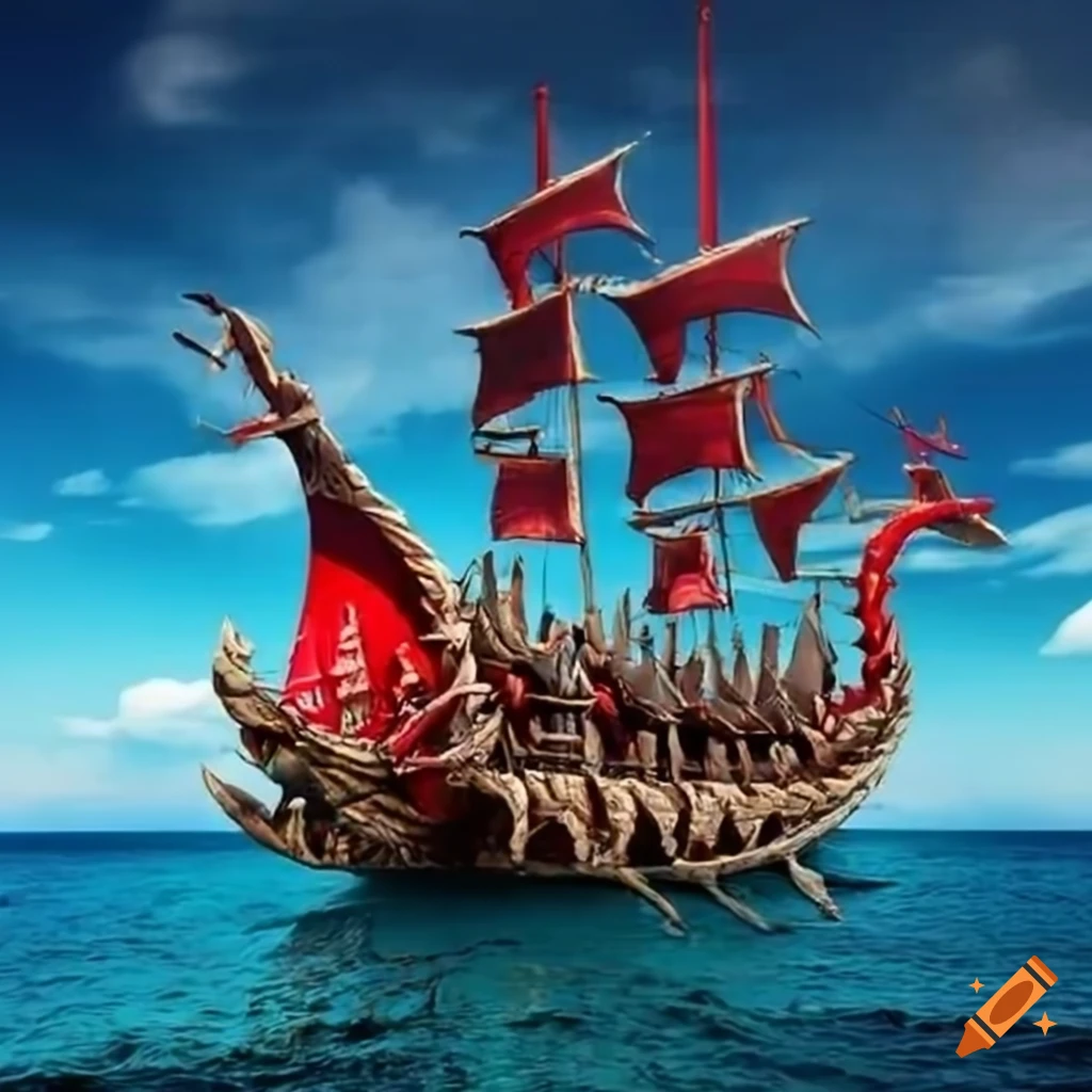 Dragon bone ship with red sails on the sea on Craiyon