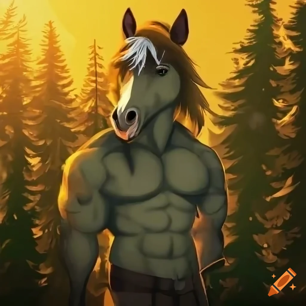 Large slightly muscular hazel anthropomorphic horse man with a grey ...