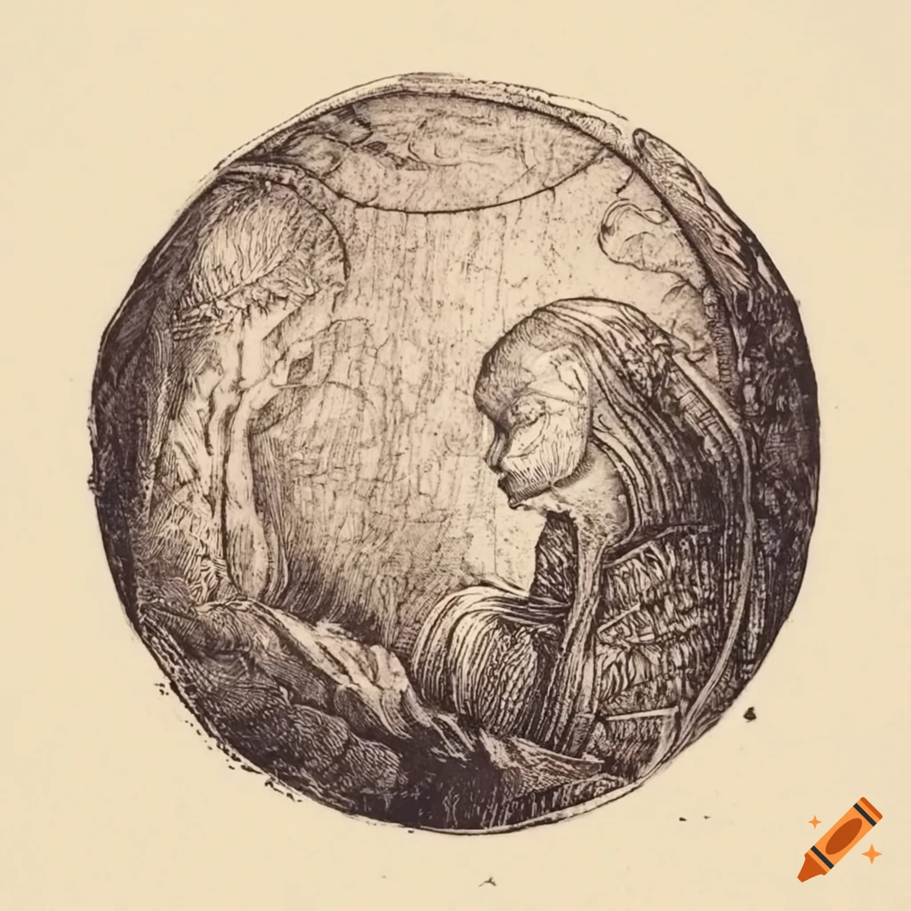 Intaglio etch engraving of all things end