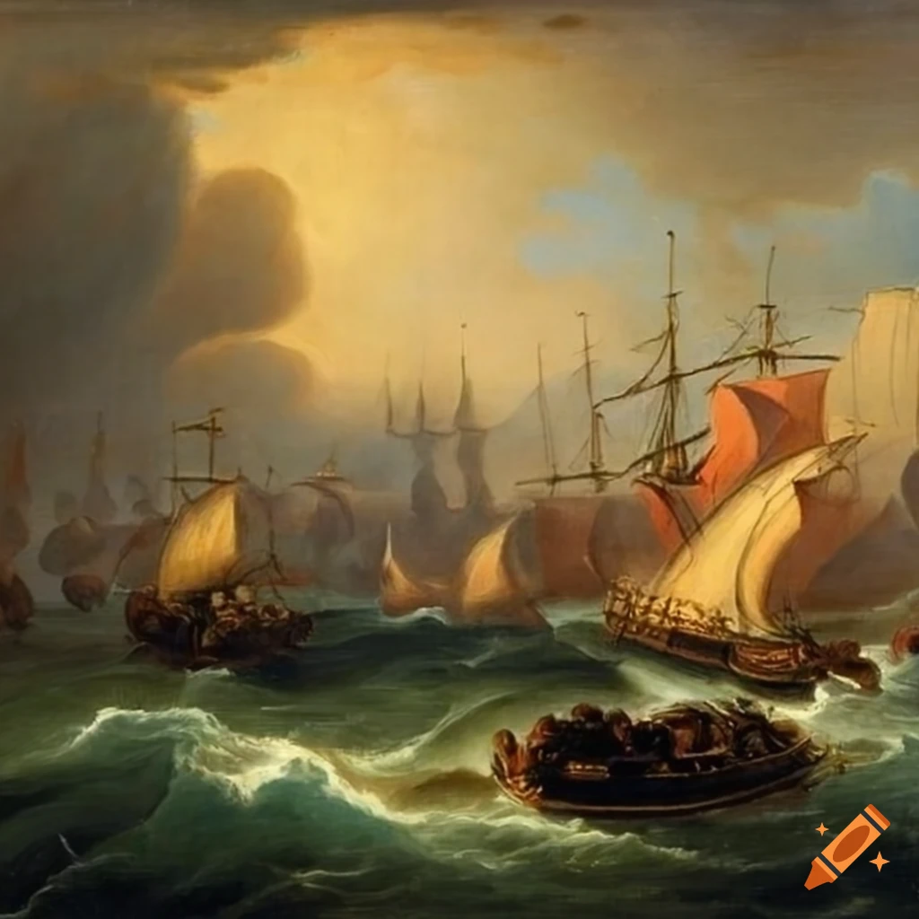 1700 naval battle with cannon fire on stormy seas as an oil painting on ...