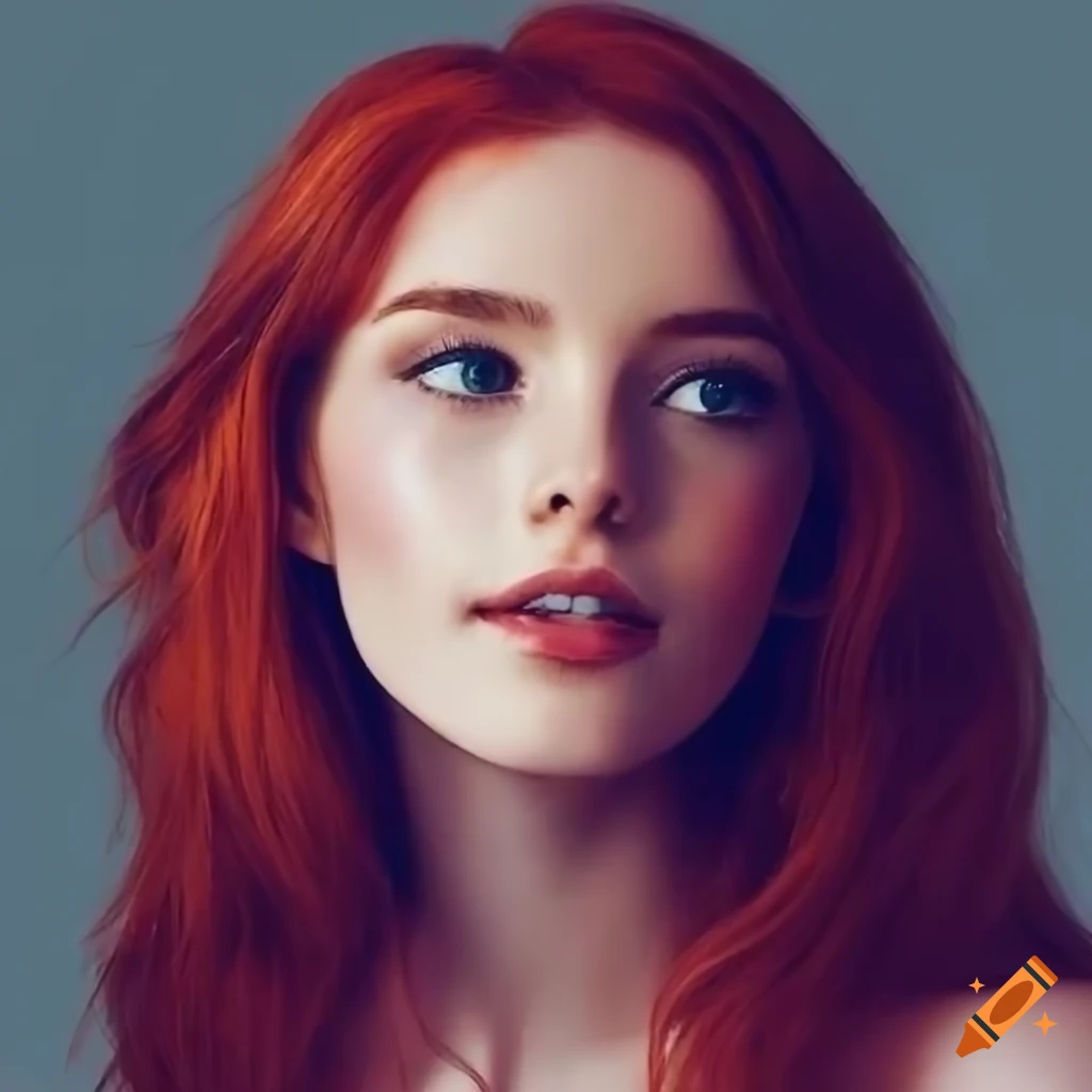 Beautiful young woman shoulder-length red hair, happy, dreamy, round ...
