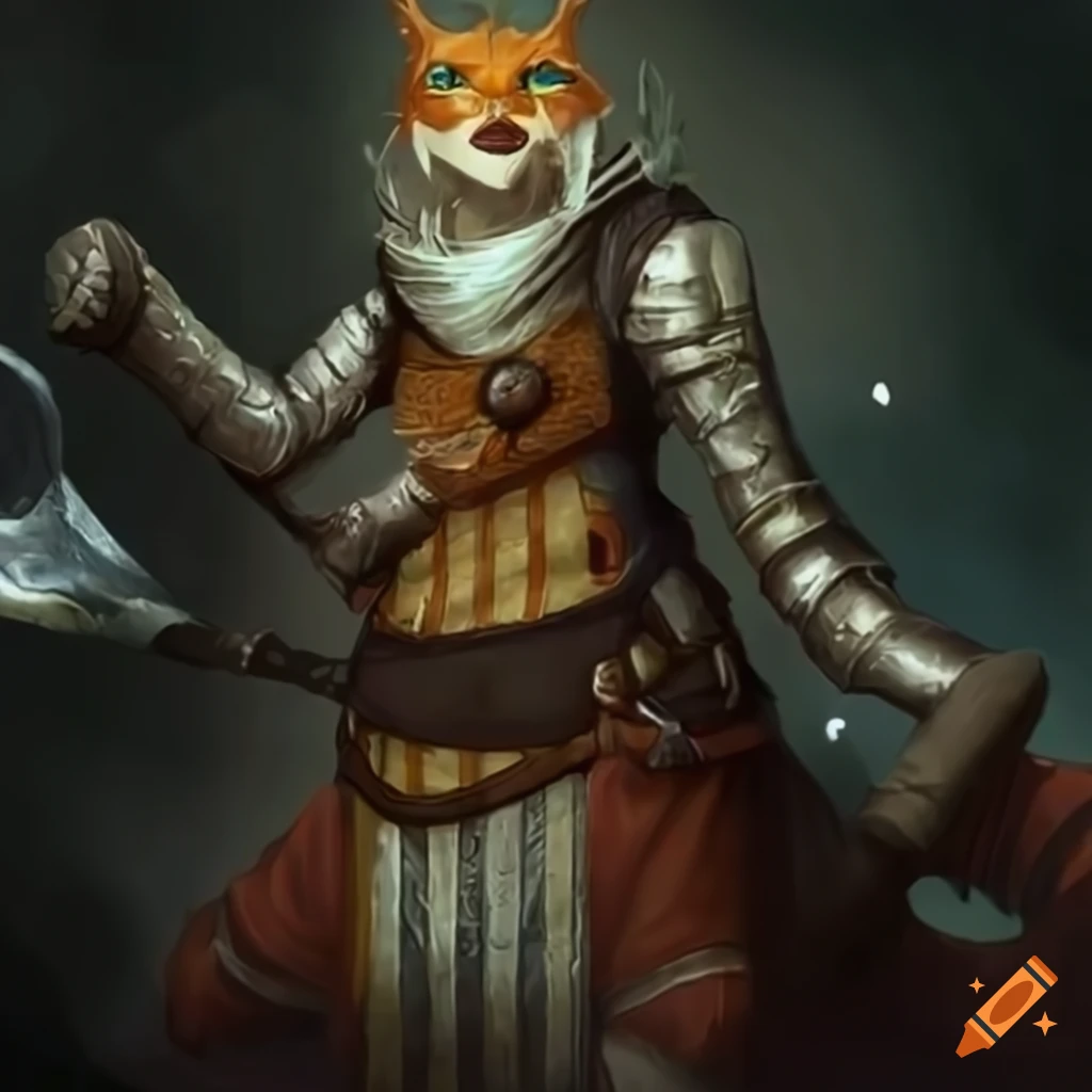 Tabaxi, cleric, heavy armor, cooking in flower apron