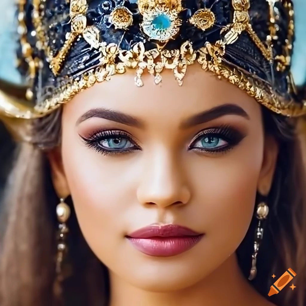 A beautiful young queen with medium skin and brown eyes, high detail ...