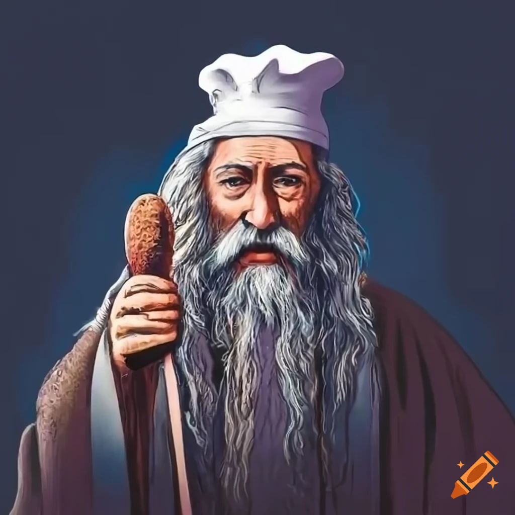 Portrait of a baker wizard wearing a chef wizard hat, middle aged man ...