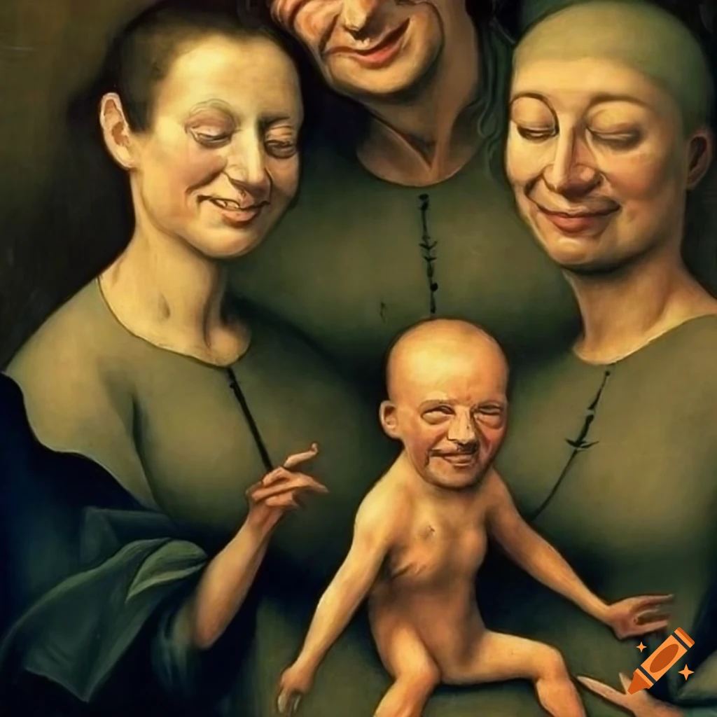 Painting surrealism men and women smoking hashing smiling bosch