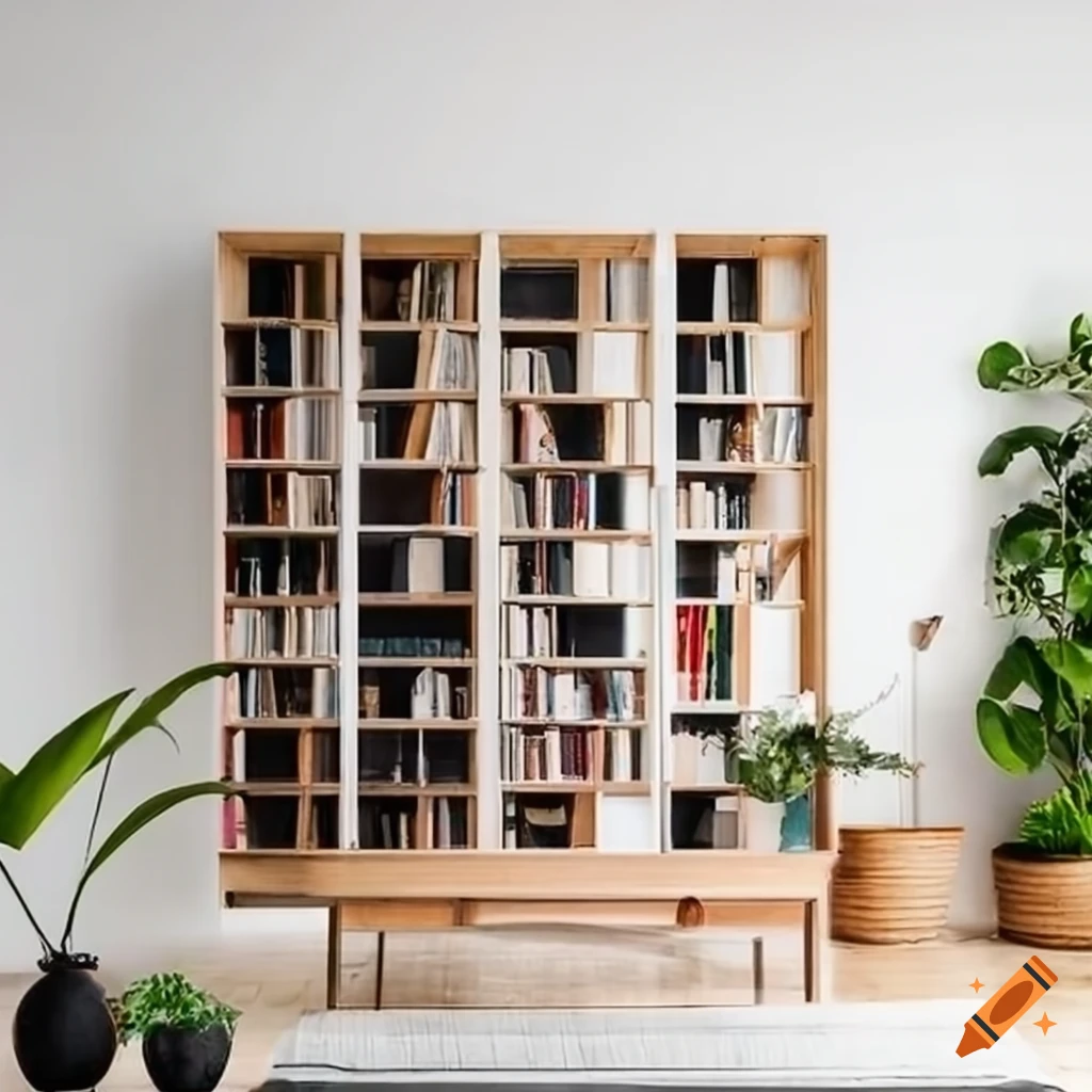 Minimalistic mid century modern library, wood and black accents, white ...
