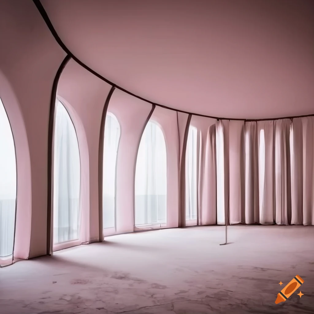 Abandoned curved white modern lobby with tattered pale pink curtains ...