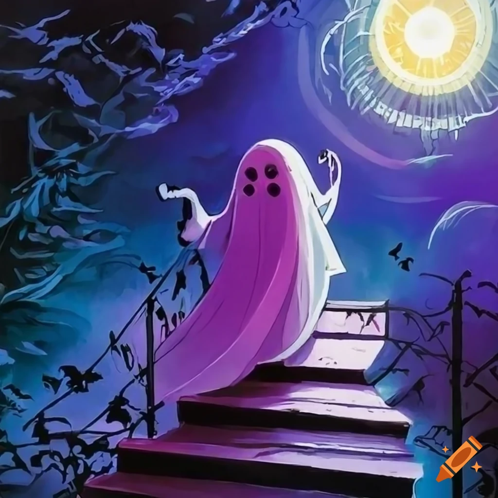 90s anime illustration of a ghost going up some stairs on Craiyon