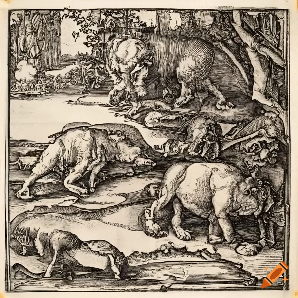 Engraving with many details, in durer style, of animals escaping a ...