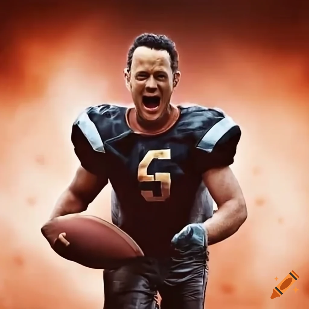 Tom hanks dressed as a football player celebrating a victorious ...