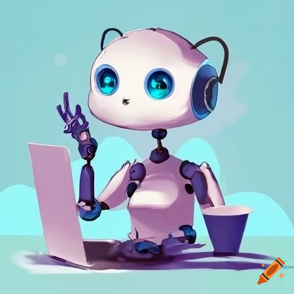 Adorable robot using a computer in hd with sales funnel on Craiyon