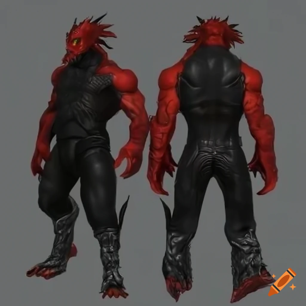 Beefy red dragon male humanoid hybrid with black leather clothing and ...