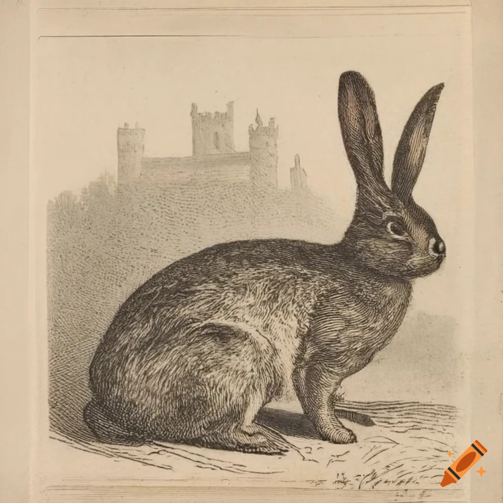 1800s etching portrait of a rabbit in castle courtyard in fog