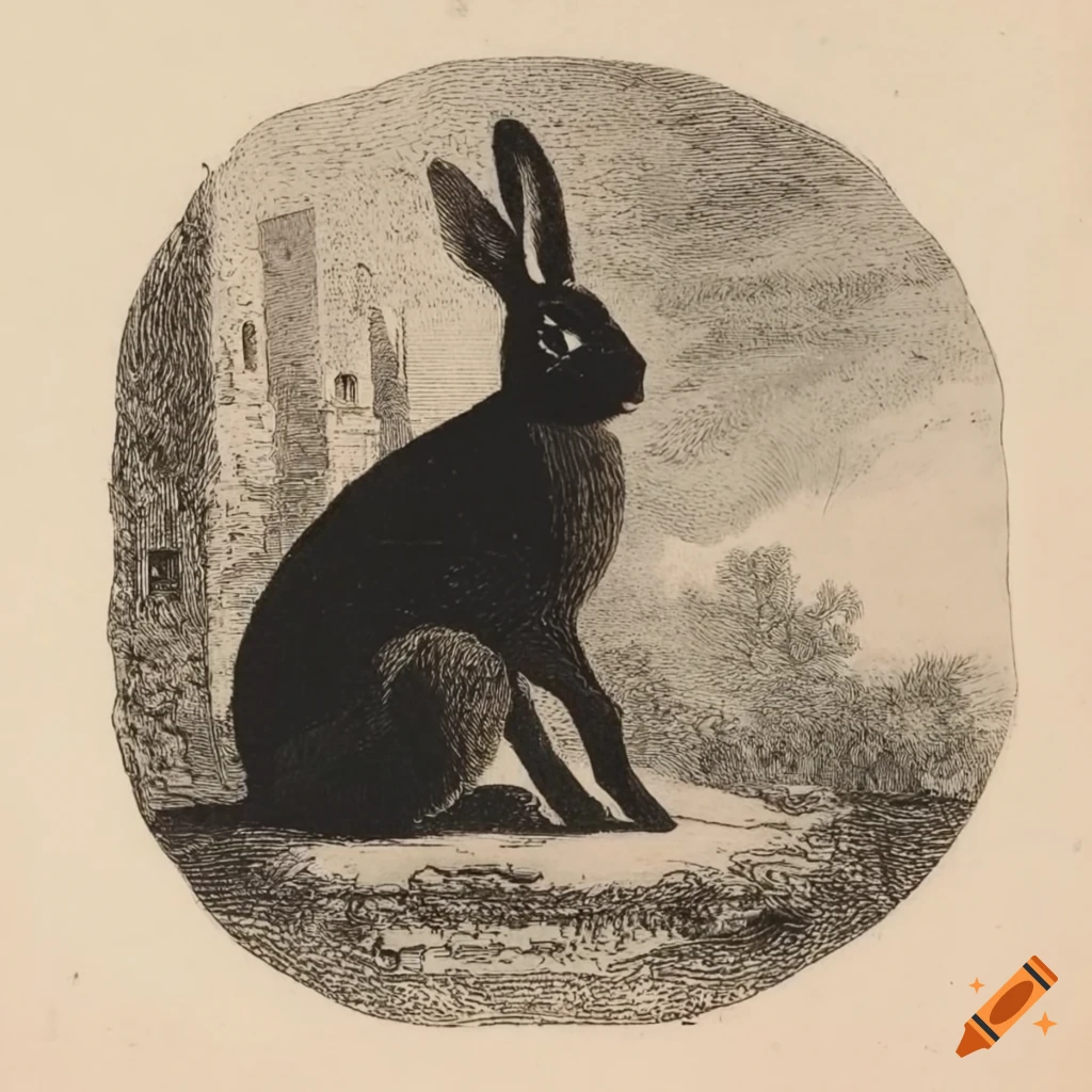 1800s etching portrait of a black rabbit sitting in front of castle ruins