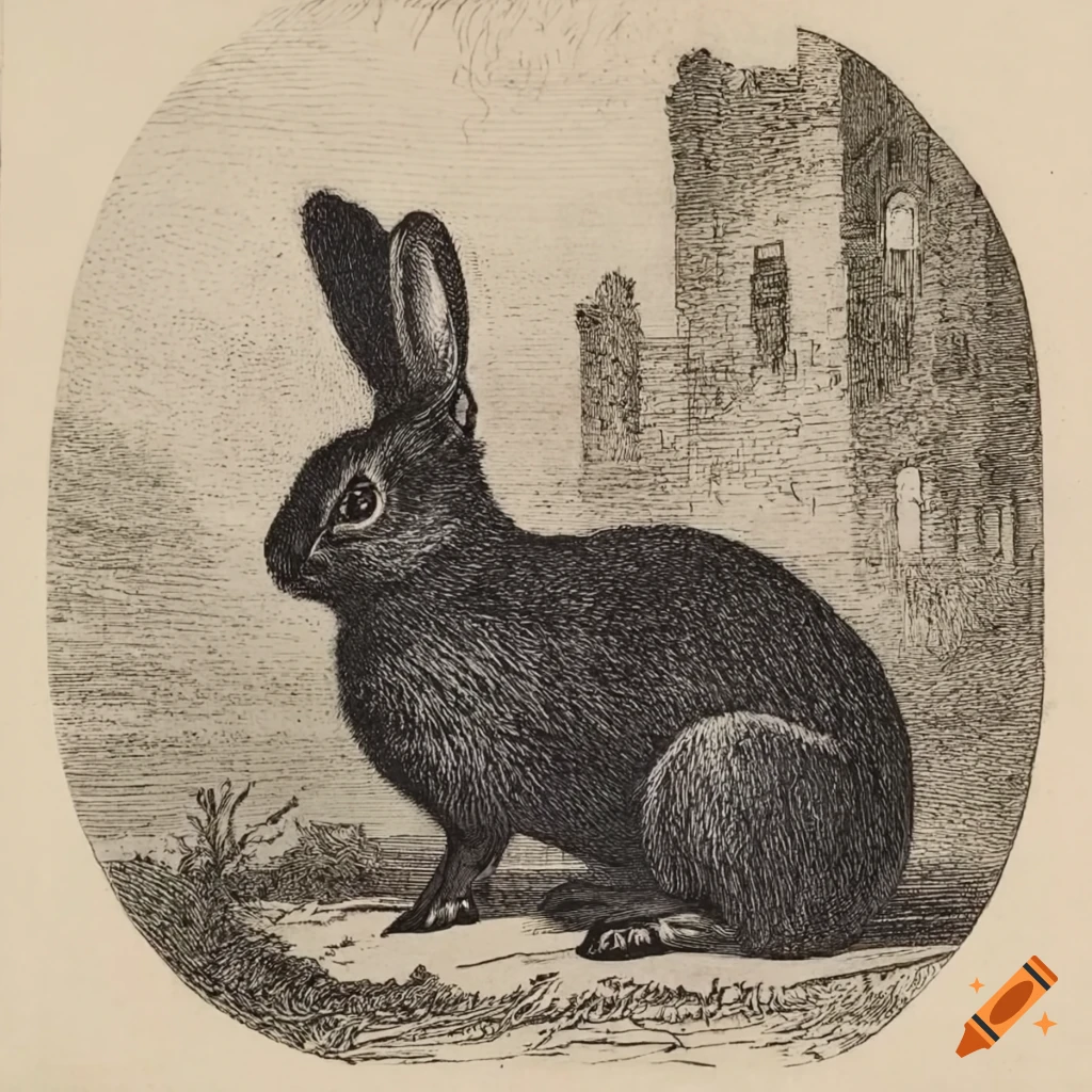 1800s etching portrait of a black rabbit sitting in front of castle ruins