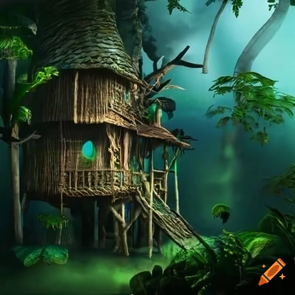 A tribal fantasy treehouse in the jungle on Craiyon