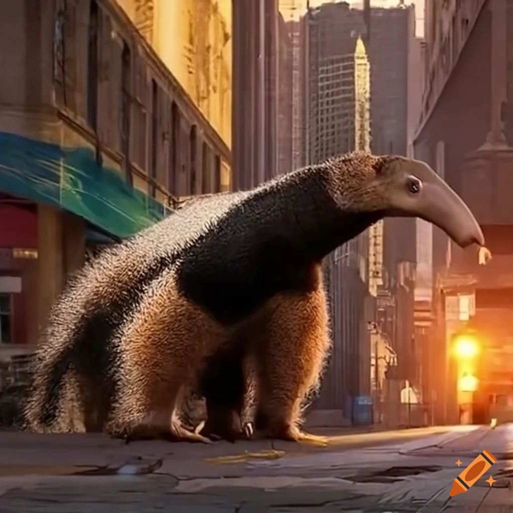 An intimidating giant anteater causes chaos in a busy city on Craiyon