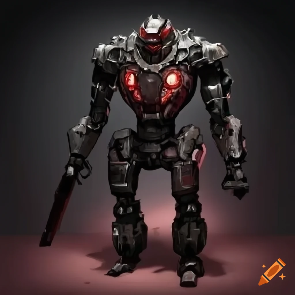 Big buffed war robot with saw arms and red eyes black armor getting out ...