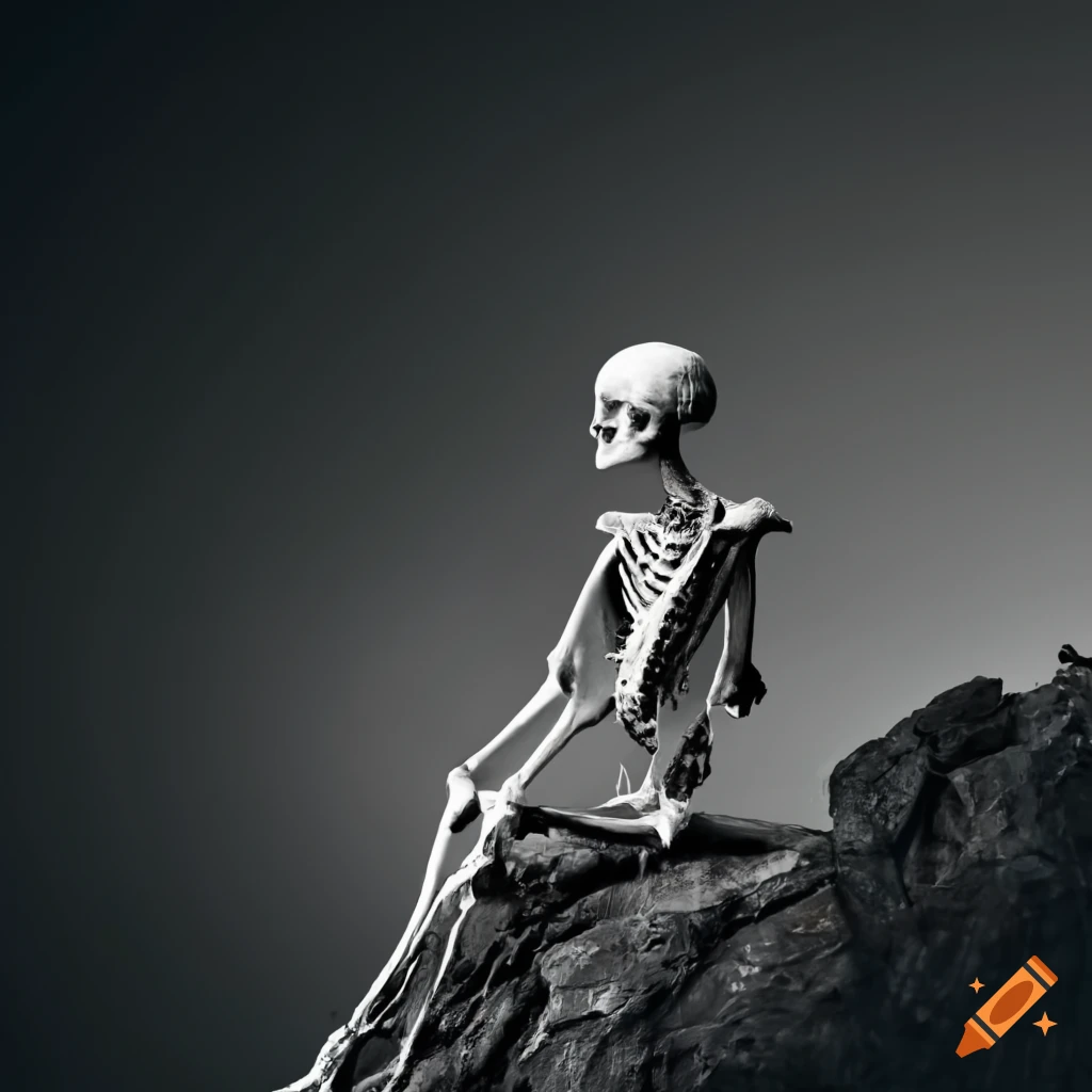 Realistic aesthetic ancient angel skeleton black and white sitting on ...