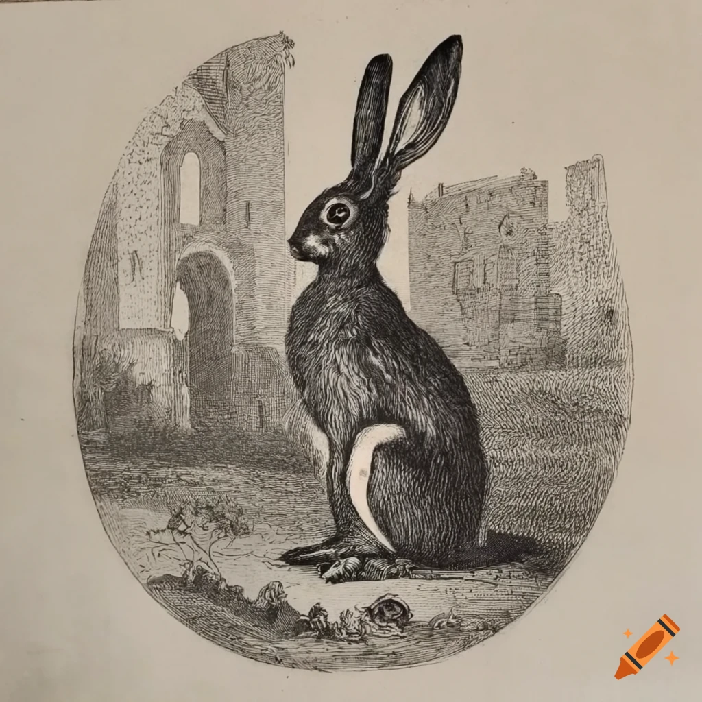 1800s etching portrait of a black hare sitting in front of castle ruins