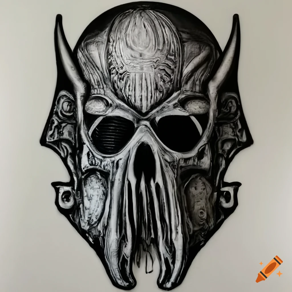 Giger necromancer helmet portrait, acid etching on Craiyon