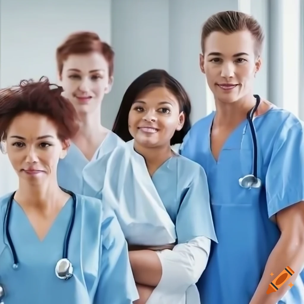 Detailed portrait of team of male and female nurses in a bright ...