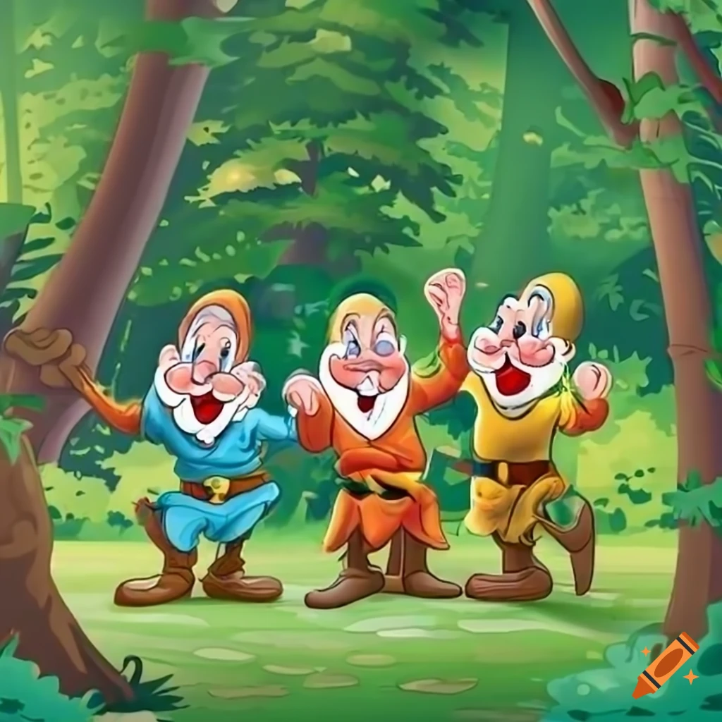 Cartoon image of five dwarfs celebrating in the forest