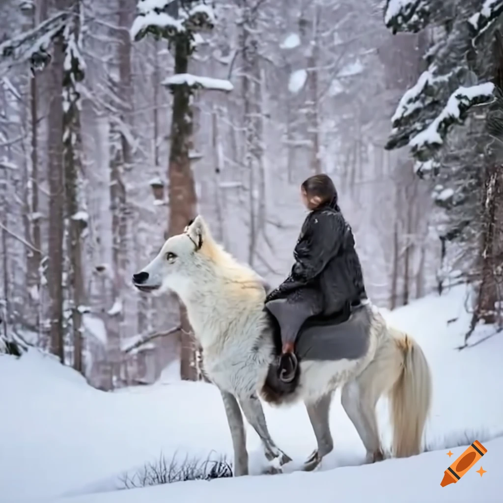 Majestic wolf riding a pure white horse through the snowy forest on Craiyon