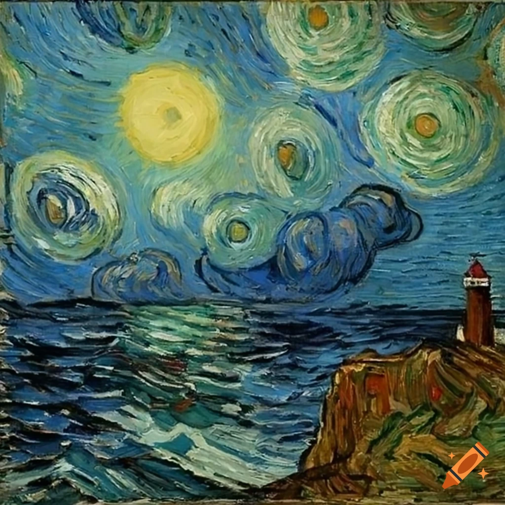 "a lighthouse on a cliff during a storm in a painting by van gogh." on ...